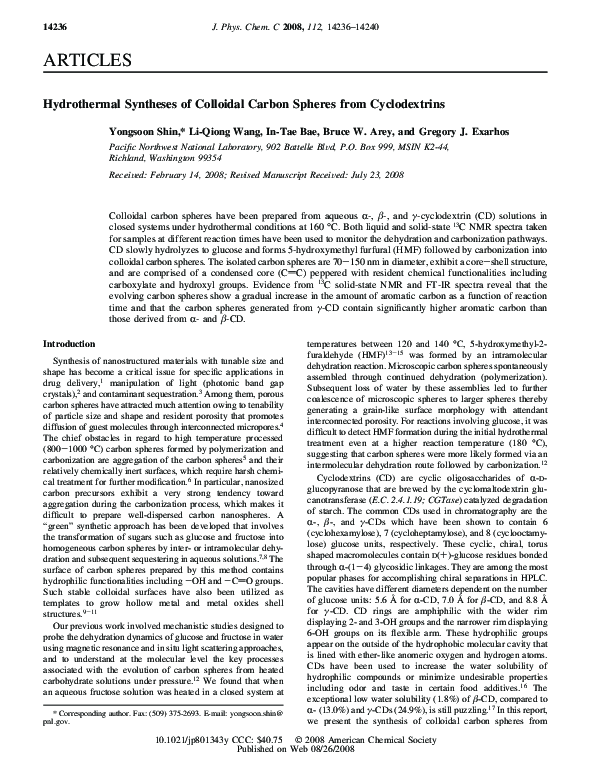(PDF) Hydrothermal Syntheses of Colloidal Carbon Spheres from Cyclodextrins