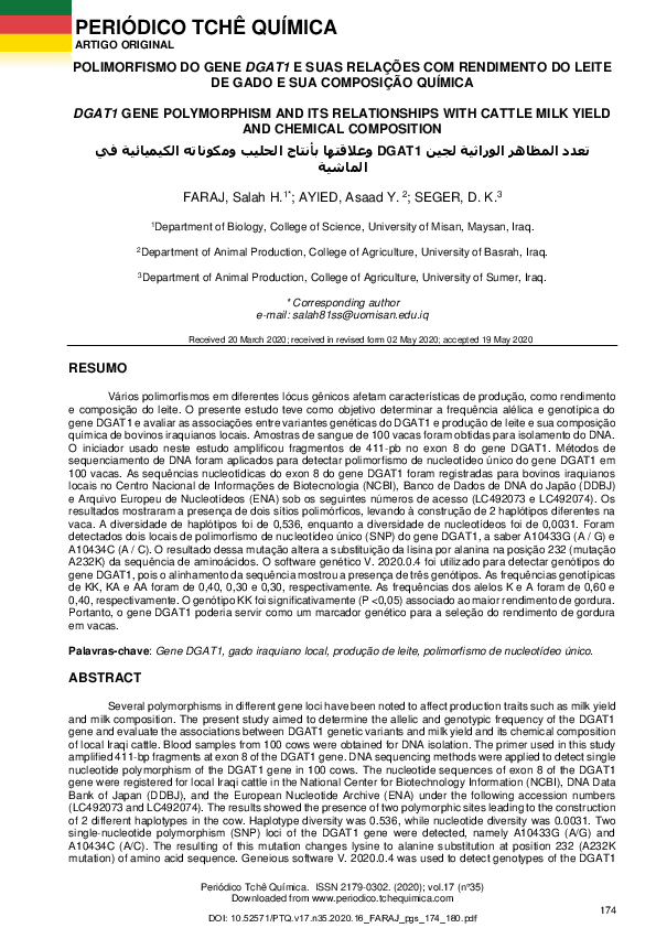 (PDF) DGAT1 Gene Polymorphism and Its Relationships with Cattle Milk ...
