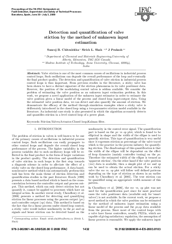 Pdf Detection And Quantification Of Valve Stiction By The Method Of Unknown Input Estimation