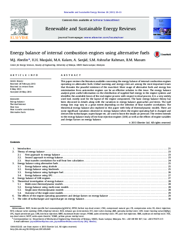 (PDF) Energy balance of internal combustion engines using alternative fuels