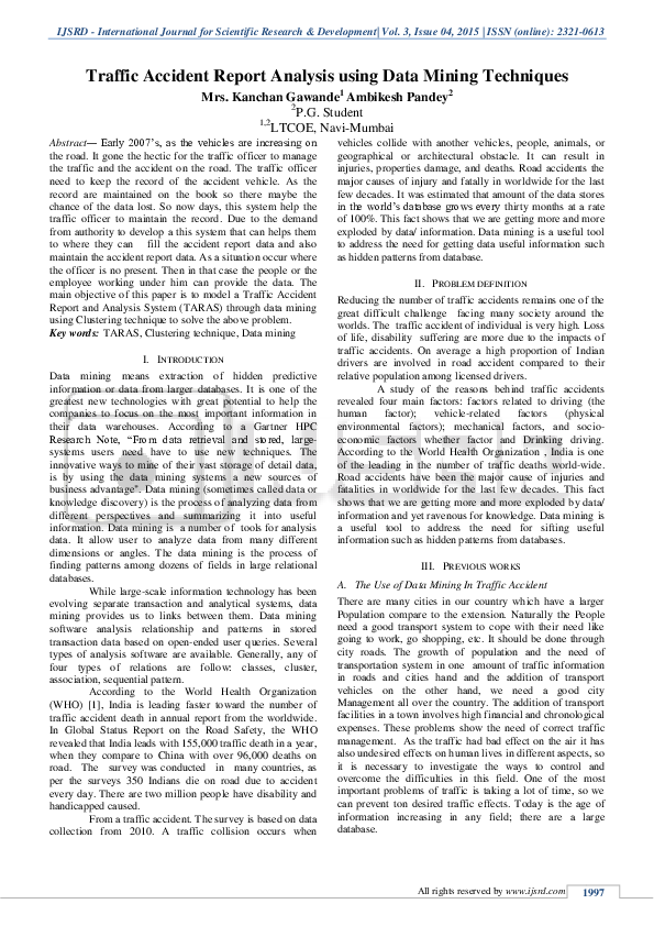 (PDF) Traffic Accident Report Analysis using Data Mining Techniques | Ambikesh Pandey - Academia.edu