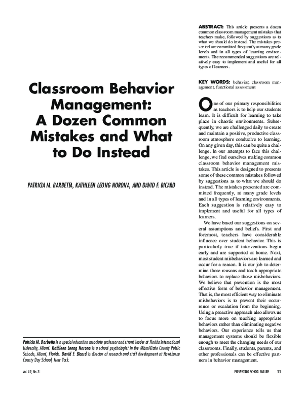 (PDF) Classroom Behavior Management: A Dozen Common Mistakes and What ...