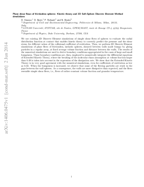 (PDF) Plane shear flows of frictionless spheres: Kinetic theory and 3D soft-sphere discrete ...