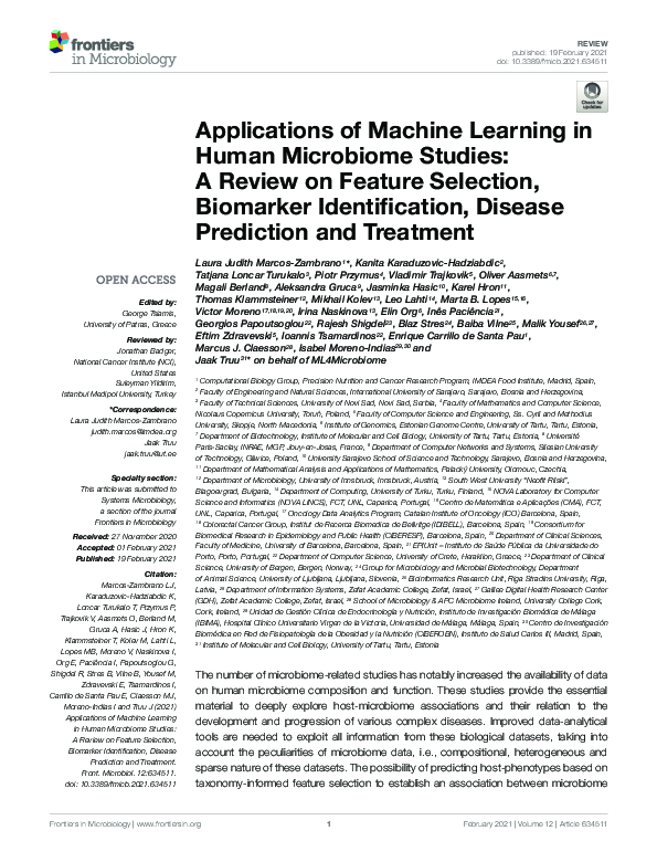 (PDF) Applications of Machine Learning in Human Microbiome Studies: A Review on Feature ...