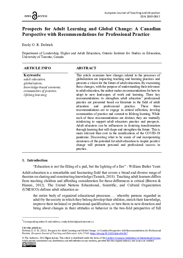 (PDF) Prospects for Adult Learning and Global Change: A Canadian ...