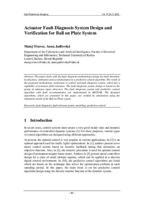(PDF) Actuator Fault Diagnosis System Design and Verification for Ball on Plate System | doc ...