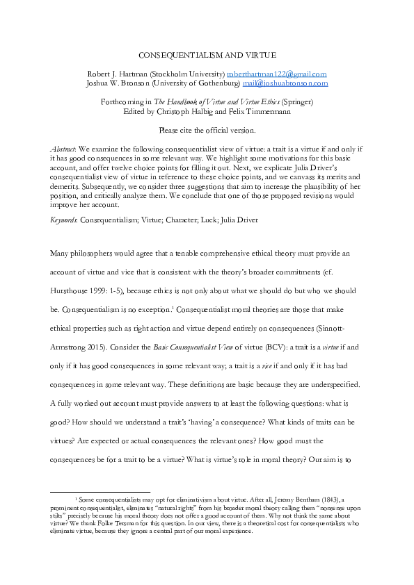 (PDF) Consequentialism and Virtue