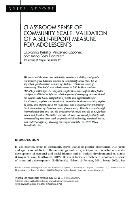 (PDF) Classroom Sense of Community Scale: Validation of a Self-Report Measure for Adolescents