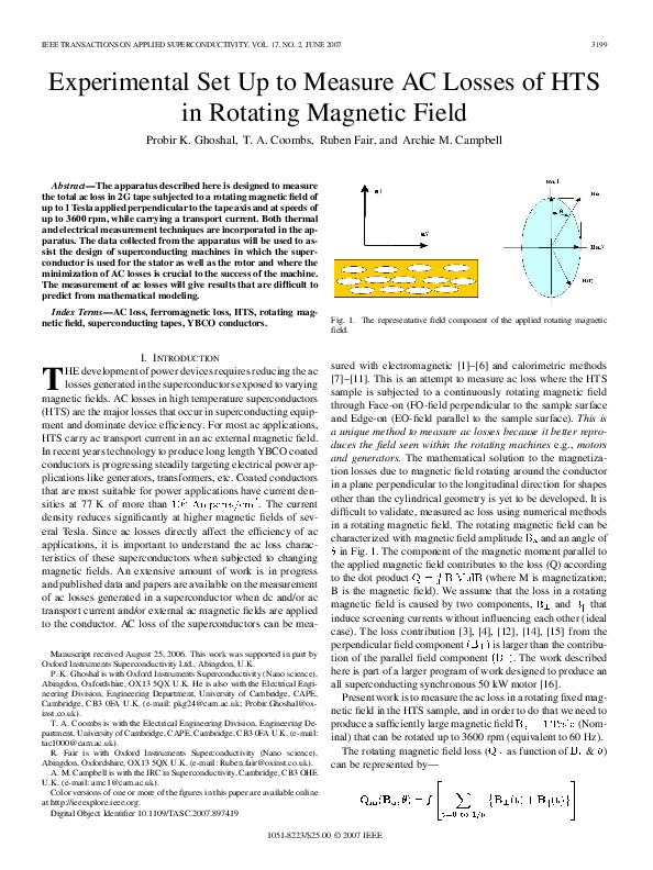 (PDF) Experimental Set Up to Measure AC Losses of HTS in Rotating ...