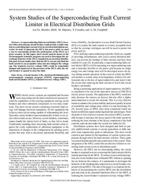 (PDF) System Studies of the Superconducting Fault Current Limiter in Electrical Distribution Grids