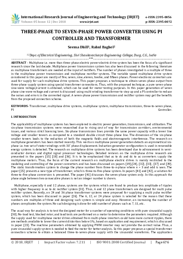 (PDF) Three-Phase to Seven-Phase Power Converter Using Pi Controller and Transformer