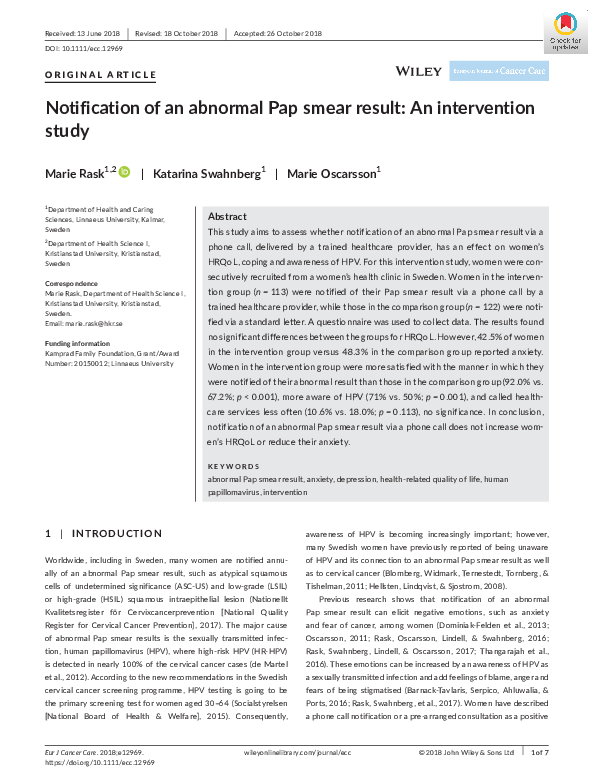 (PDF) Notification of an abnormal Pap smear result: An intervention study