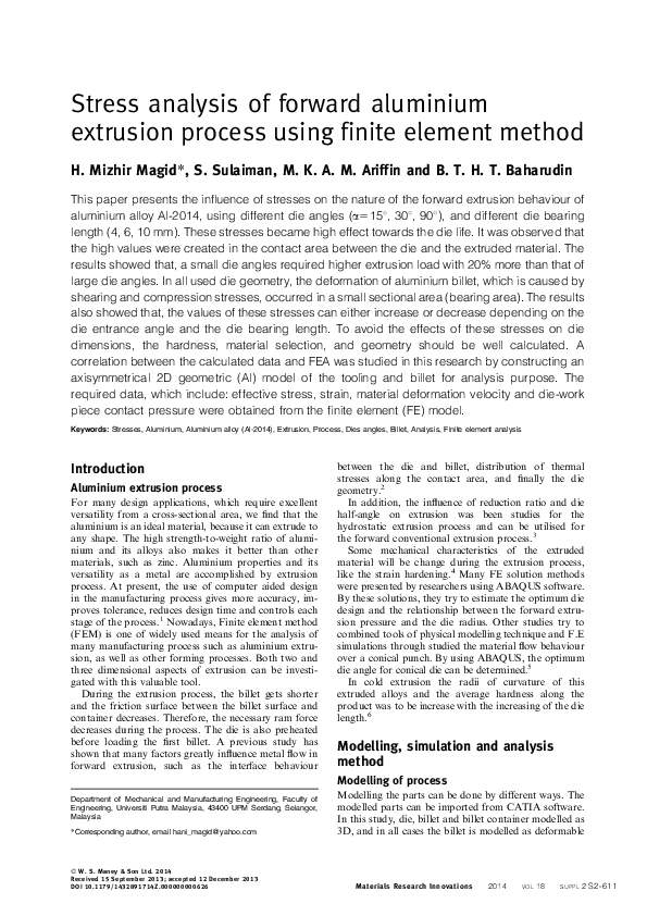 (PDF) Stress analysis of forward aluminium extrusion process using finite element method