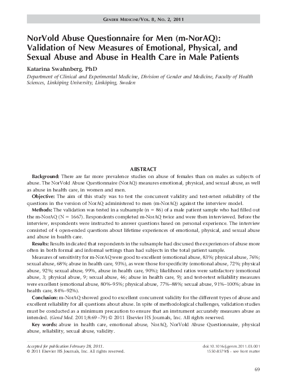 (PDF) NorVold Abuse Questionnaire for Men (m-NorAQ): Validation of New ...