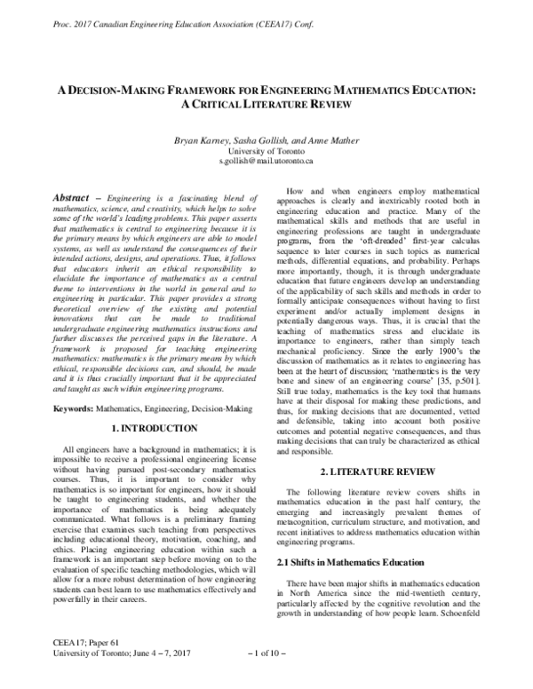 (PDF) A Decision-Making Framework for Engineering Mathematics Education