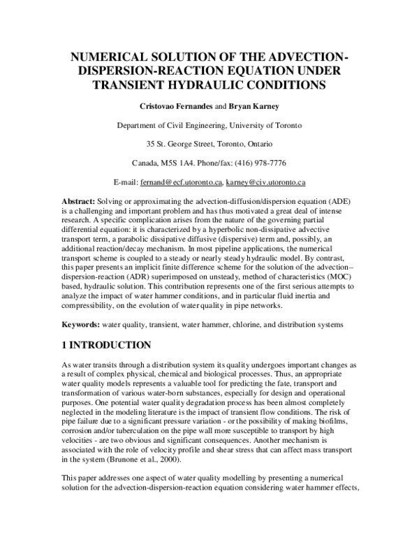 (PDF) Numerical solution of the advection-dispersion-reaction equation ... (PDF) Numerical solution of the advection-dispersion-reaction equation ...