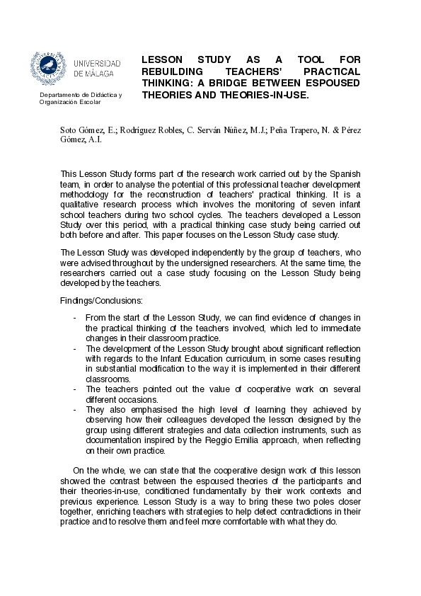 (PDF) Lesson study as a tool for rebuilding teachers' practical ...