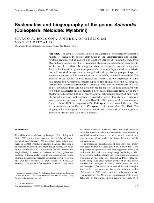 (PDF) Systematics and biogeography of the genus Actenodia (Coleoptera ...