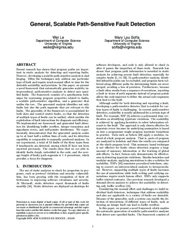 Pdf General Scalable Path Sensitive Fault Detection Mary Lou Soffa