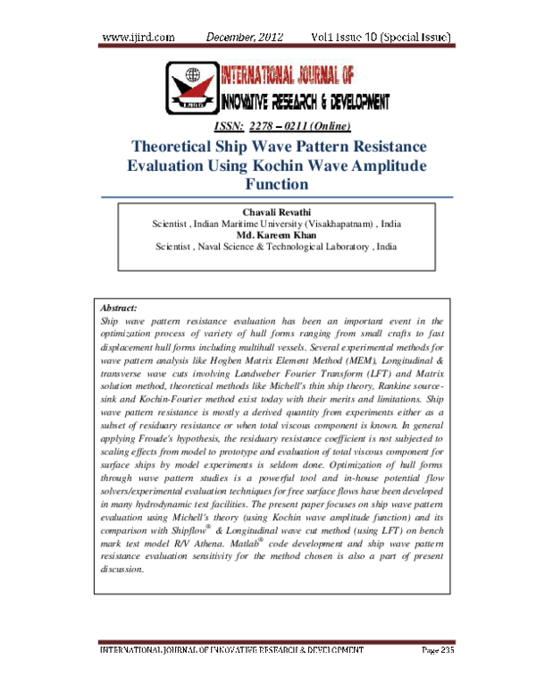 (PDF) Theoretical Ship Wave Pattern Resistance Evaluation Using Kochin ... (PDF) Theoretical Ship Wave Pattern Resistance Evaluation Using Kochin ...
