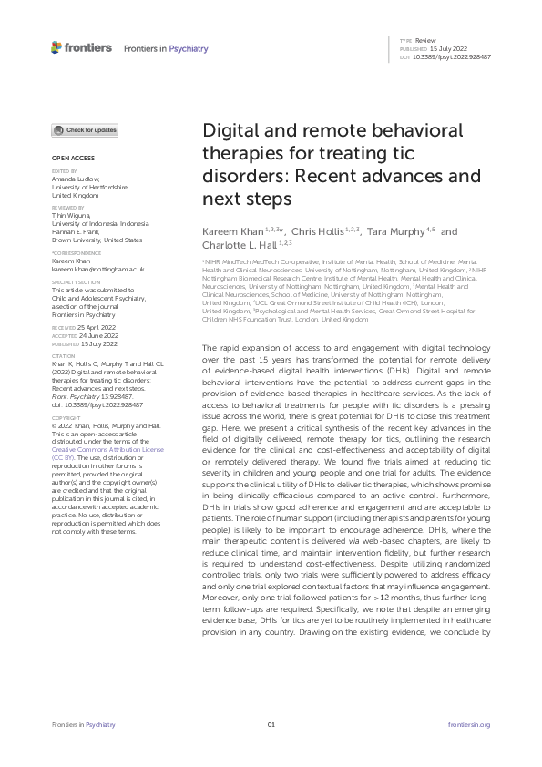 (PDF) Digital and remote behavioral therapies for treating tic ...