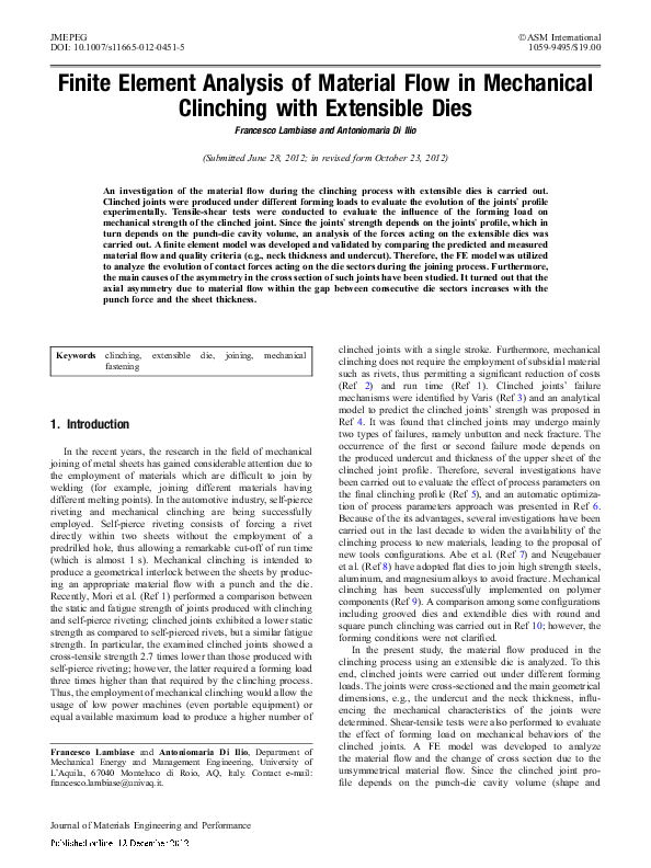 (PDF) Finite Element Analysis of Material Flow in Mechanical Clinching ...