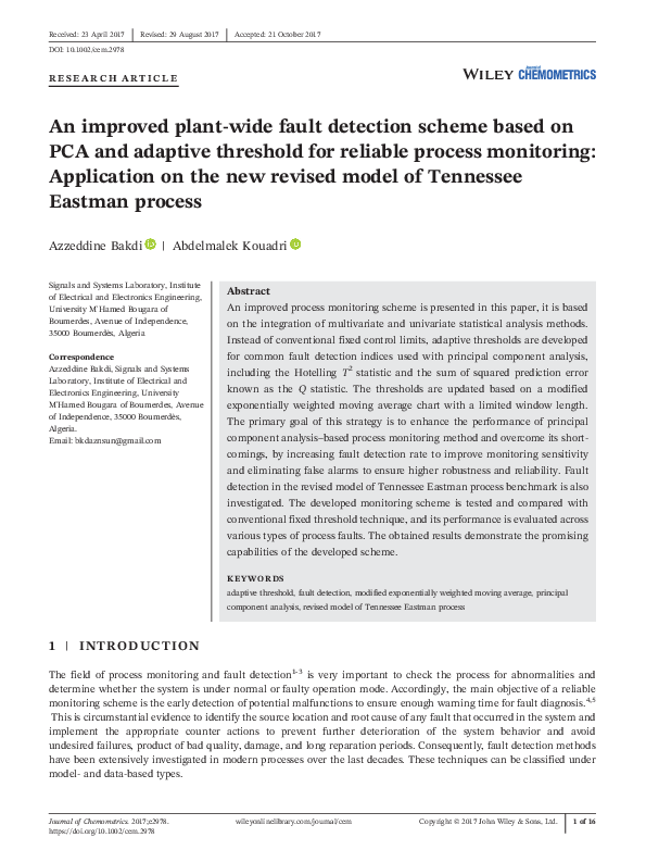 Pdf An Improved Plant Wide Fault Detection Scheme Based On Pca And Adaptive Threshold For
