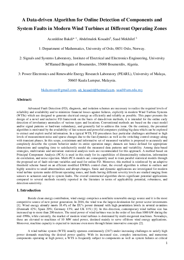 Pdf A Data Driven Algorithm For Online Detection Of Component And System Faults In Modern Wind