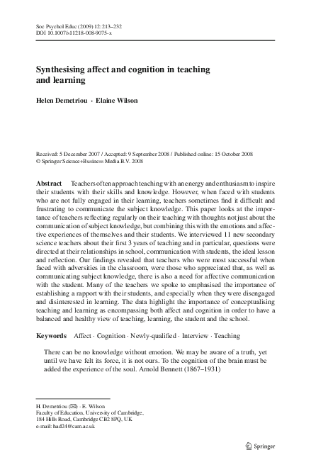 (PDF) Synthesising affect and cognition in teaching and learning | Elaine Wilson - Academia.edu