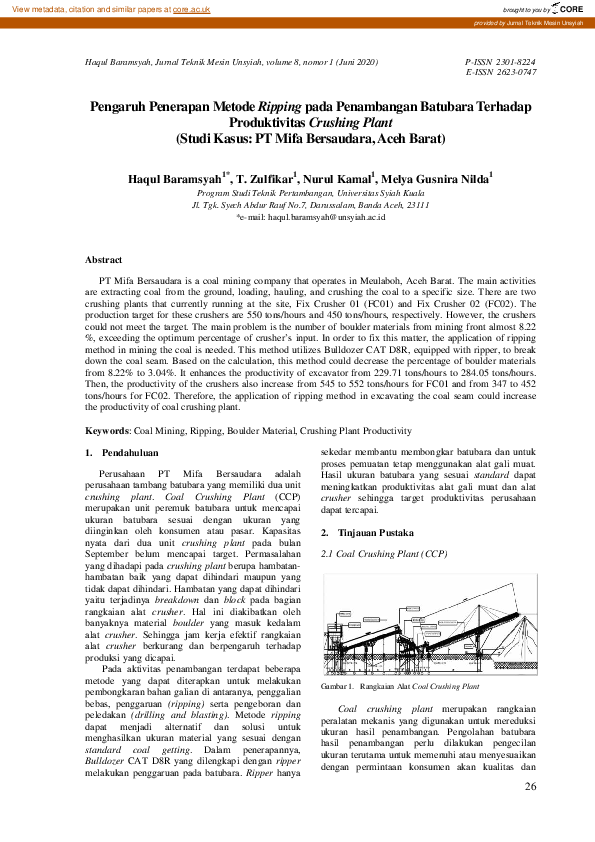 (PDF) Pengaruh Penerapan Metode Ripping pada Penambangan Batubara Terhadap Produktivitas ...