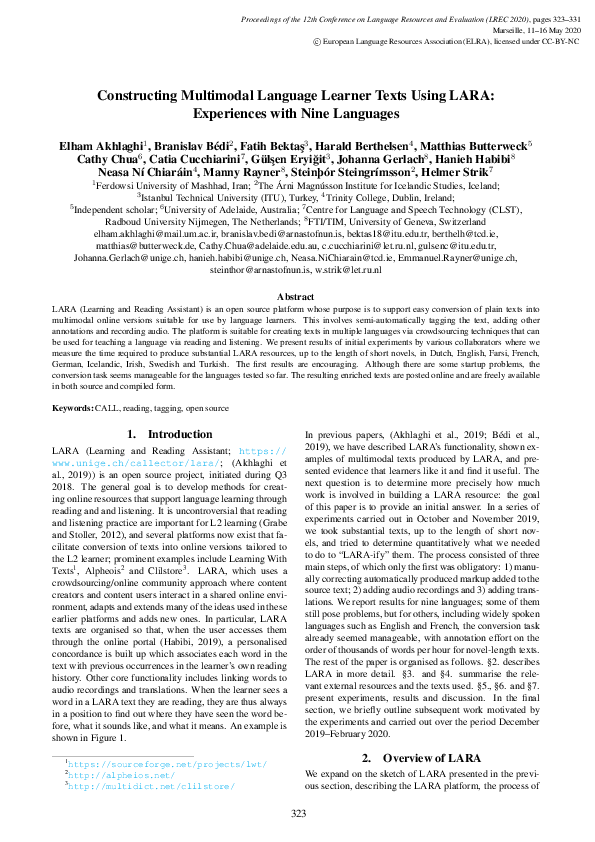 (PDF) Constructing Multimodal Language Learner Texts Using LARA: Experiences with Nine Languages