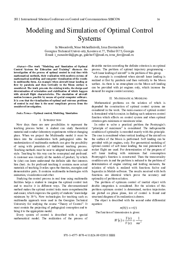 (PDF) Modeling and simulation of Optimal Control Systems