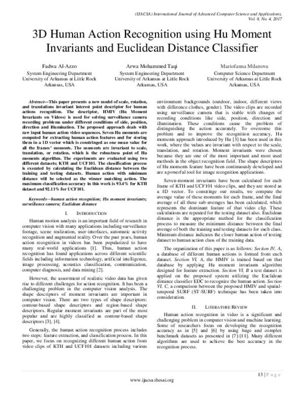 Pdf 3d Human Action Recognition Using Hu Moment Invariants And Euclidean Distance Classifier 