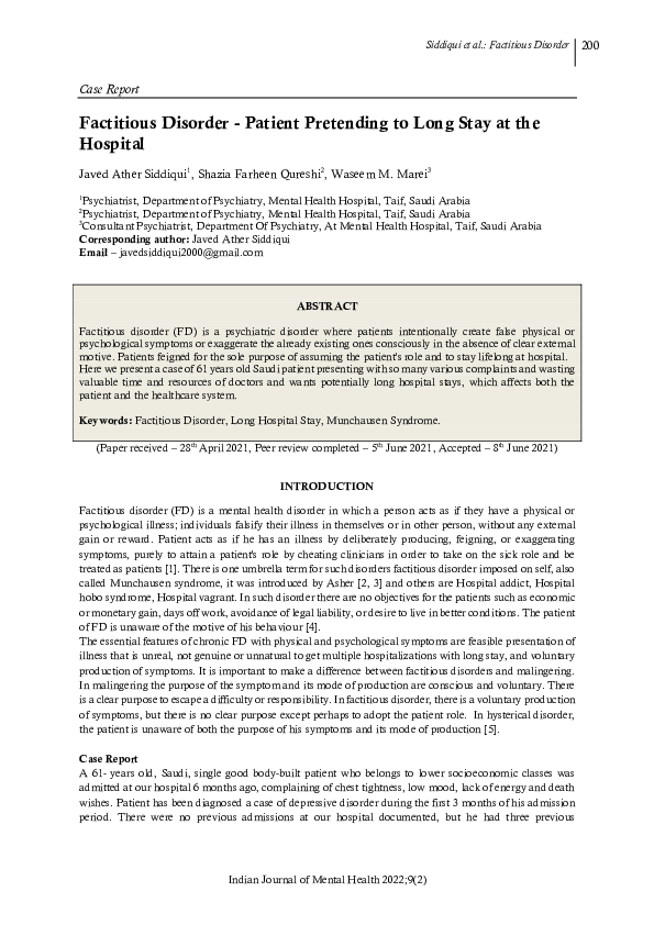 (PDF) Factitious Disorder -Patient Pretending to Long Stay at the Hospital