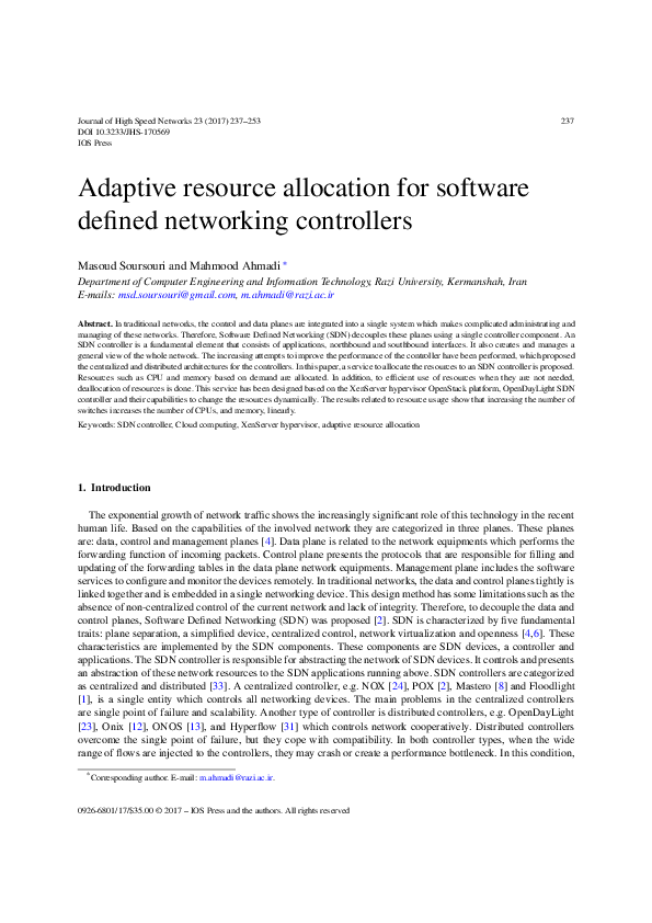(PDF) Adaptive resource allocation for software defined networking controllers