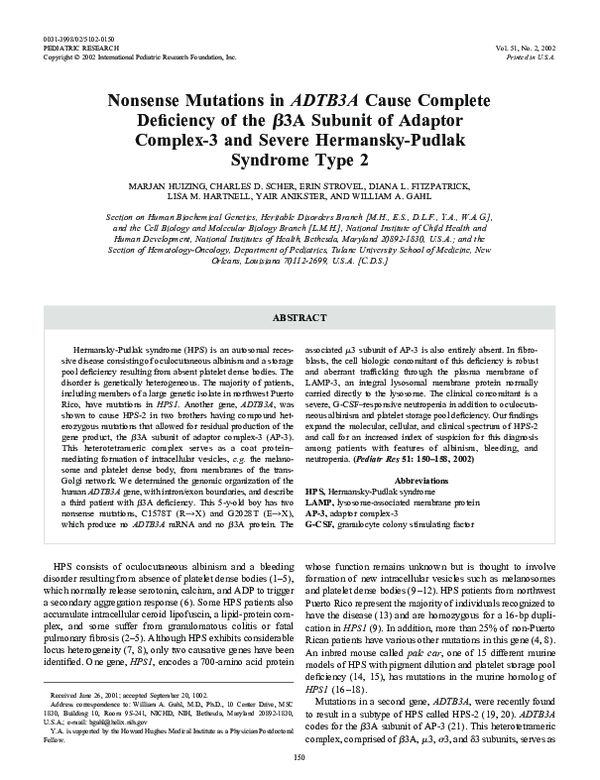 (PDF) Nonsense Mutations in ADTB3A Cause Complete Deficiency of the β3A ...