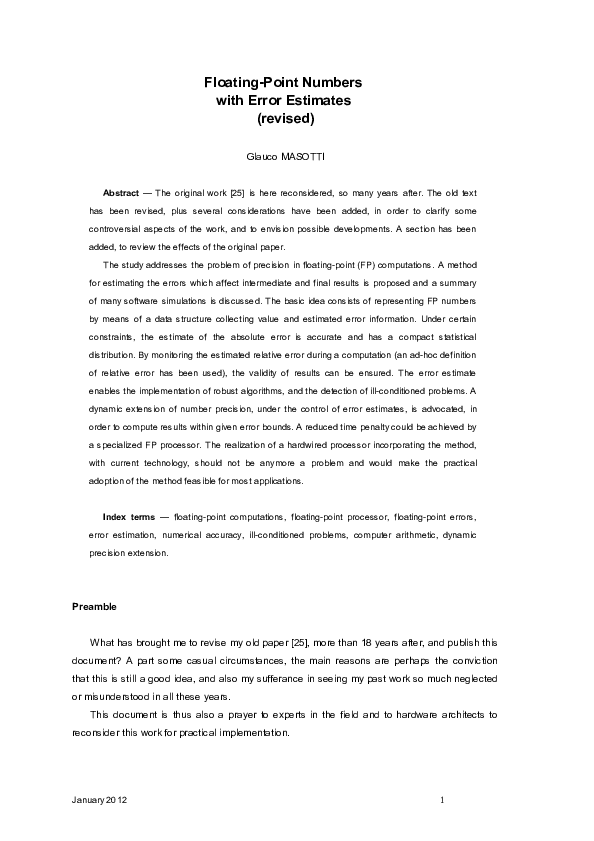 Pdf Floating Point Numbers With Error Estimates Revised