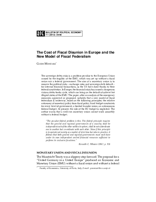 (PDF) The cost of fiscal disunion in Europe and the new model of fiscal ...