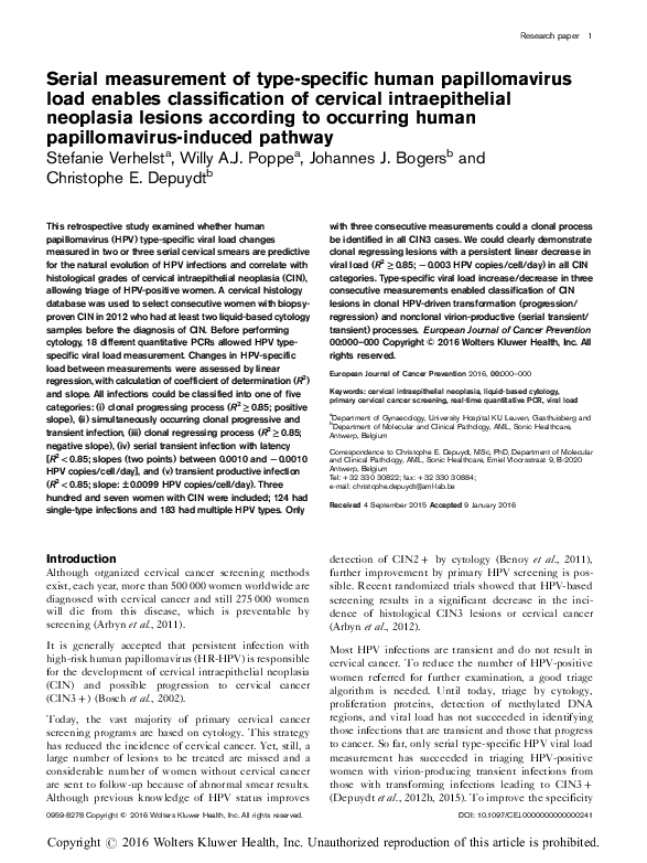 (PDF) Serial measurement of type-specific human papillomavirus load ...