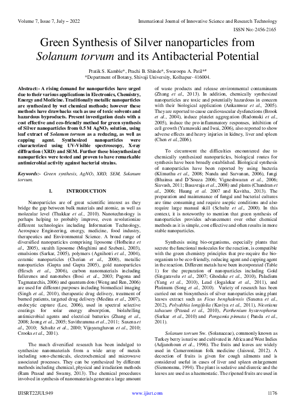 (PDF) Green Synthesis of Silver nanoparticles from Solanum torvum and its Antibacterial ...