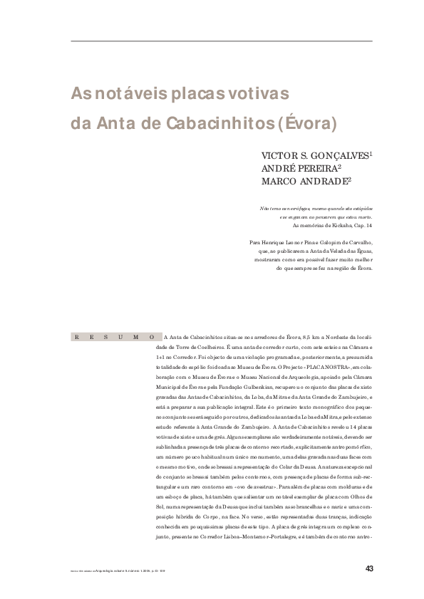 (PDF) As Notáveis Placas Votivas Da Anta De Cabacinhitos (Évora)