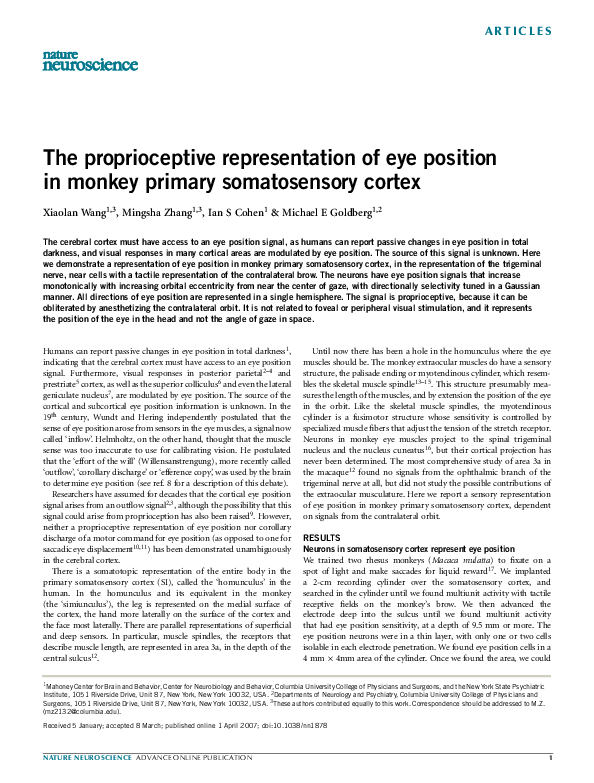 (PDF) The proprioceptive representation of eye position in monkey ...