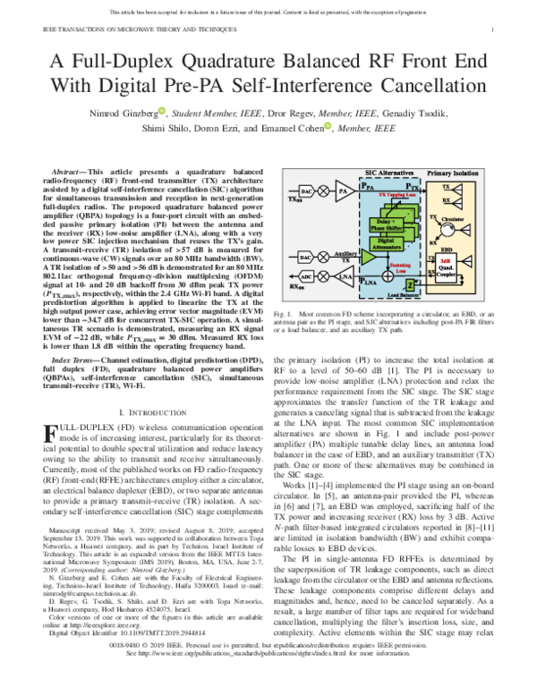 Pdf A Full Duplex Quadrature Balanced Rf Front End With Digital Pre Pa Self Interference