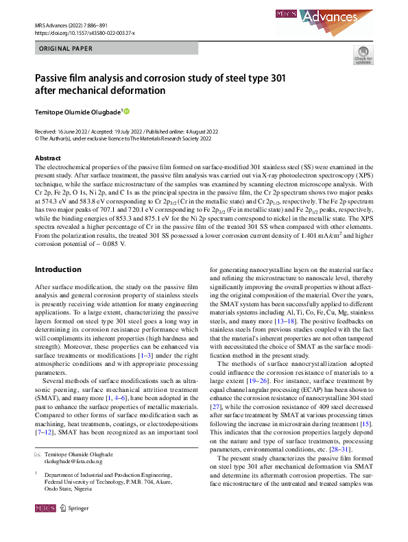 (PDF) Passive film analysis and corrosion study of steel type 301 after ...