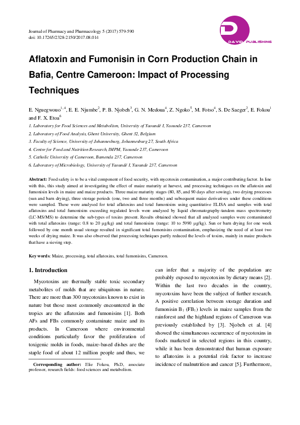 (PDF) Aflatoxin and Fumonisin in Corn Production Chain in Bafia, Centre Cameroon: Impact of ...