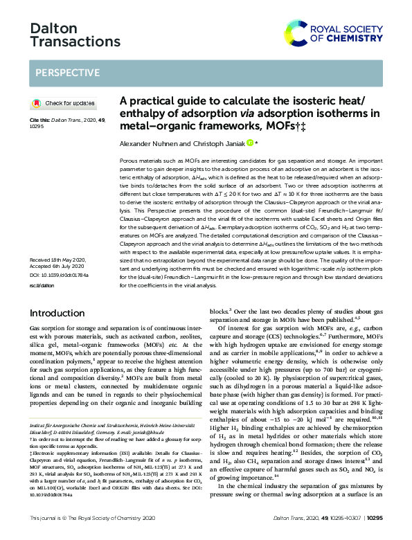 (PDF) A practical guide to calculate the isosteric heat/enthalpy of ...