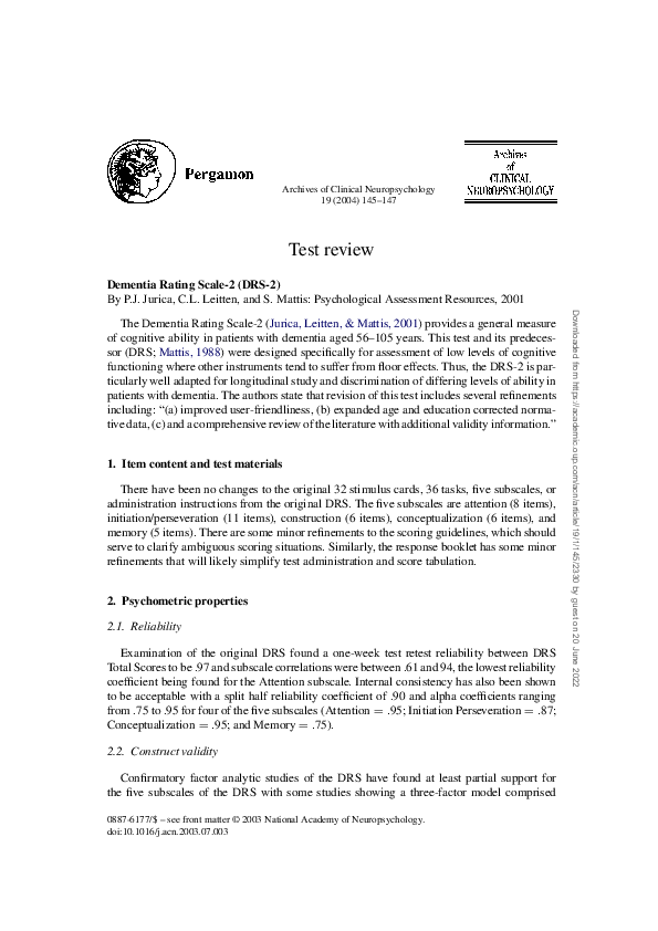 (PDF) Dementia Rating Scale-2 (DRS-2) By P.J. Jurica, C.L. Leitten, and S. Mattis: Psychological ...