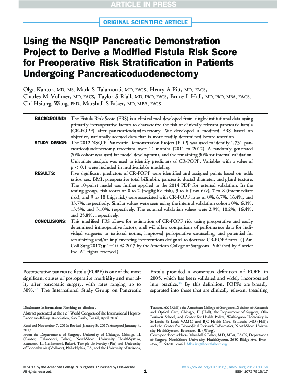 (PDF) Using the NSQIP Pancreatic Demonstration Project to Derive a ...