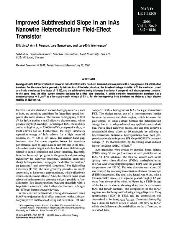 (PDF) Improved Subthreshold Slope in an InAs Nanowire Heterostructure Field-Effect Transistor