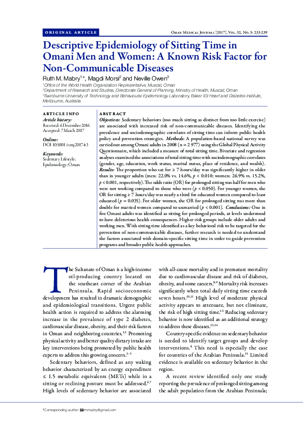 (PDF) Epidemiology of Sedentary Behavior in Omani Adults